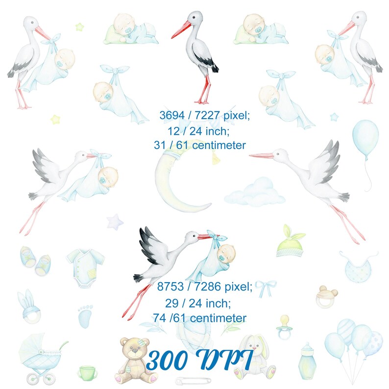 Watercolor Nursery Clipart. Stork Baby Shower Clipart. Stork Carrying ...