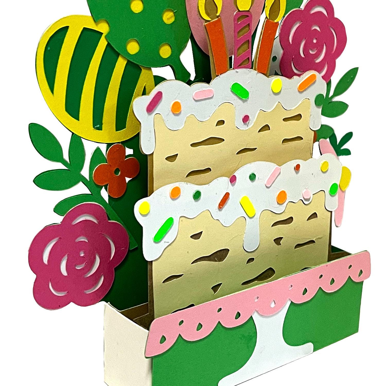 Birthday Cake Box Card Template Flowers Balloons Candles 3D Papercut ...