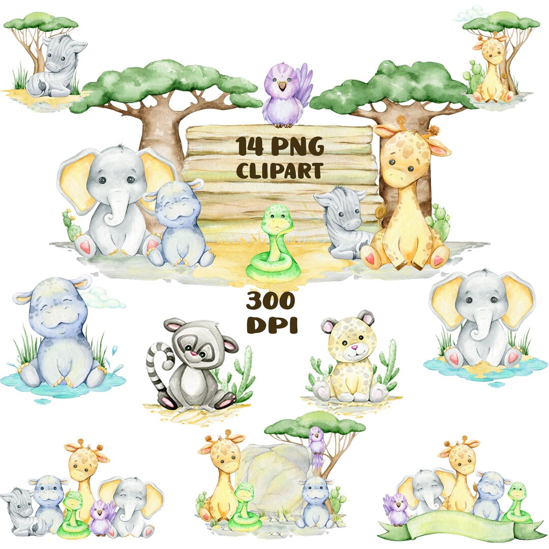 Jungle Baby Animals, Watercolor. Wild Safari Cute Animals, Kids Clipart ...