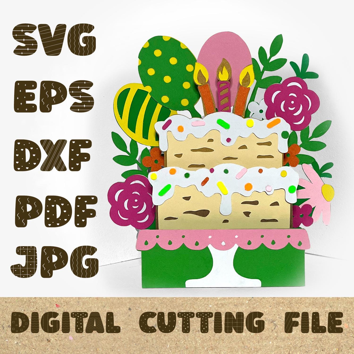 Birthday Cake Box Card Template Flowers Balloons Candles 3D Papercut ...