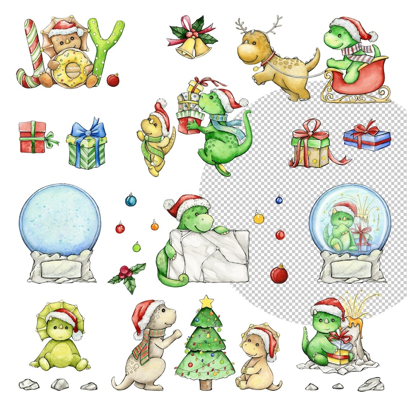 Christmas Dinosaur Clipart Set. Cute Dino Animals, New Year Sublimation ...