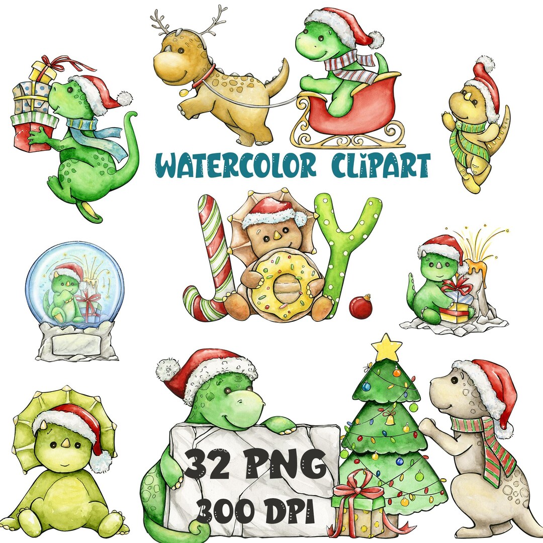 Christmas Dinosaur Clipart Set. Cute Dino Animals, New Year Sublimation ...