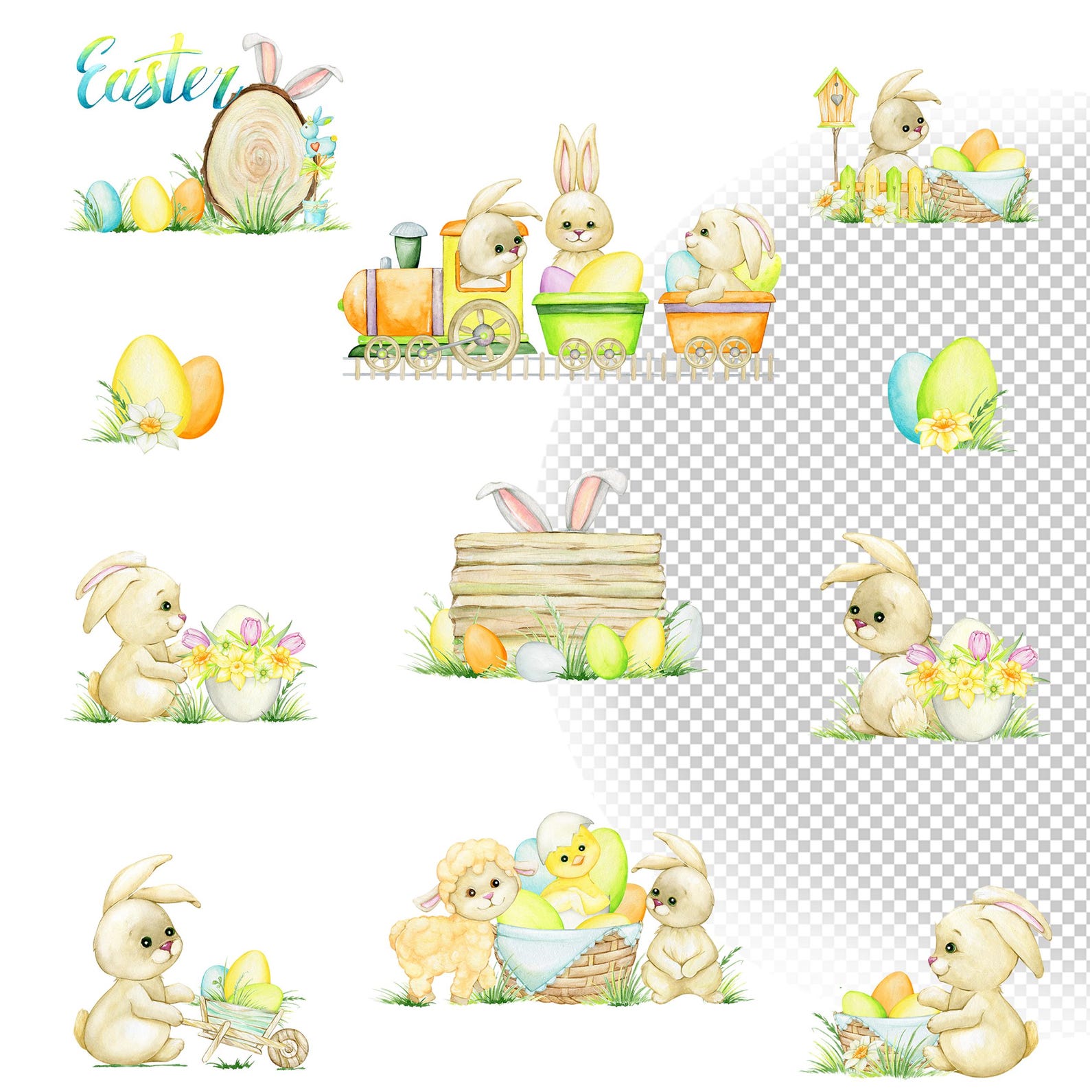 Easter Clipart Watercolor, Country Easter Clipart Bunny Sheep Chickens ...