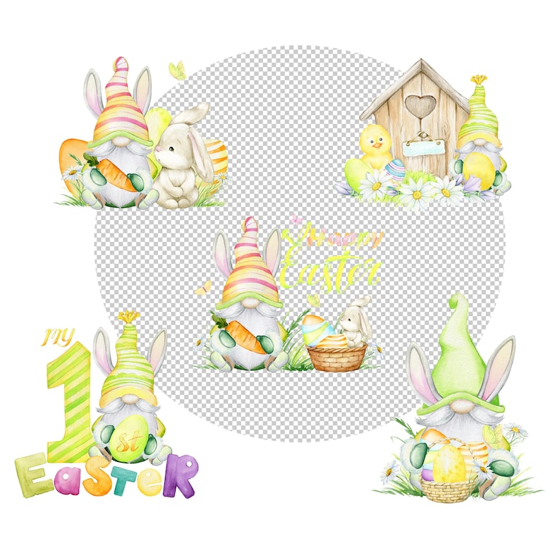 Watercolor Easter Gnomes PNG Clipart Bundle of 5, Cute Spring Flower ...