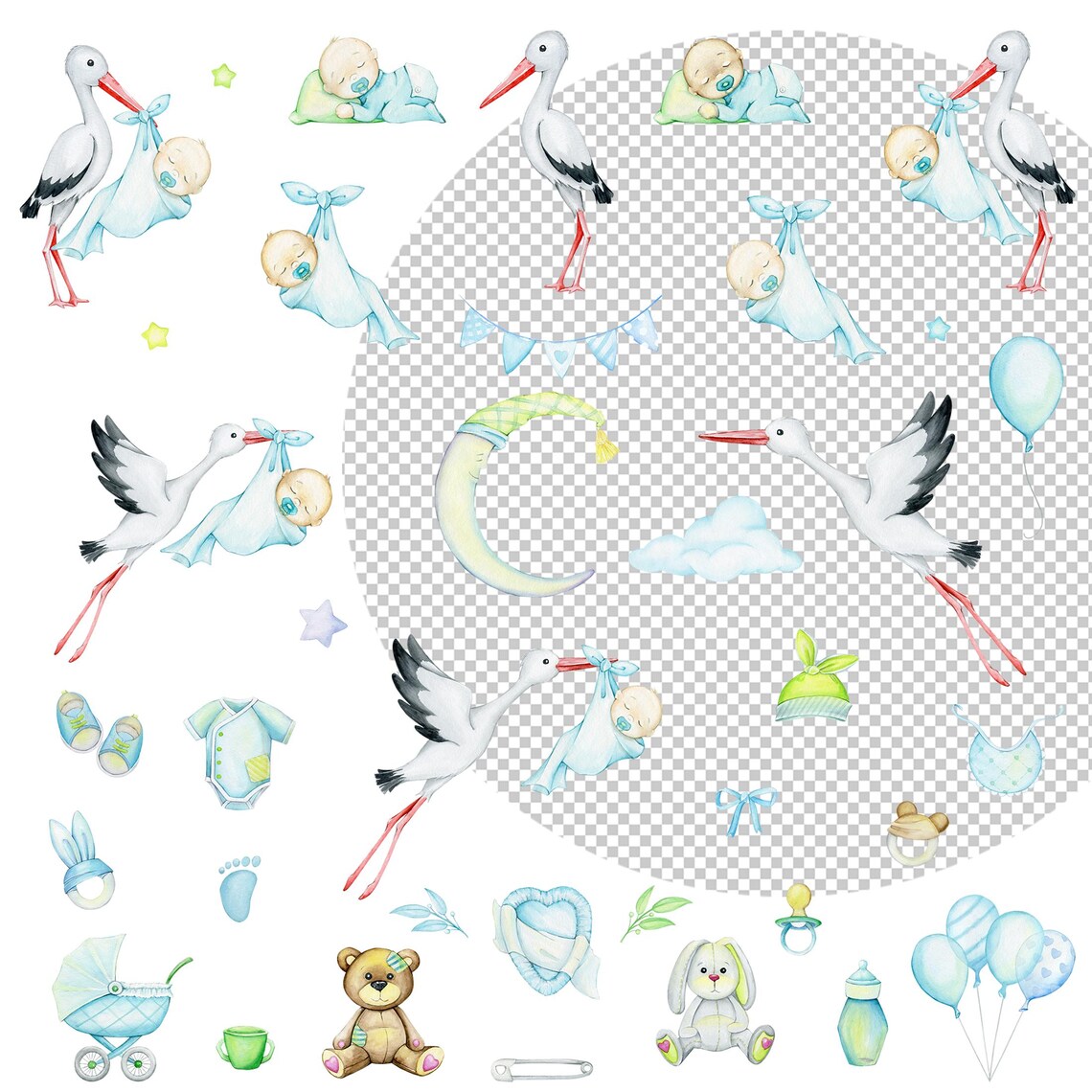 Watercolor Nursery Clipart. Stork Baby Shower Clipart. Stork Carrying ...