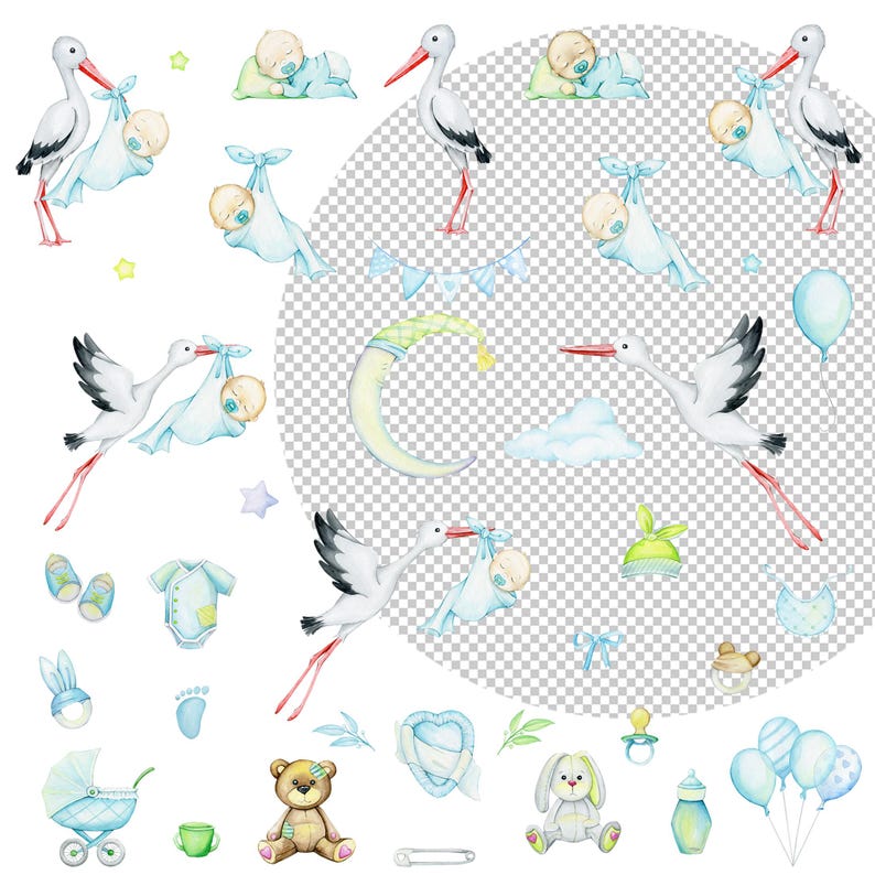 Watercolor Nursery Clipart. Stork Baby Shower Clipart. Stork Carrying ...