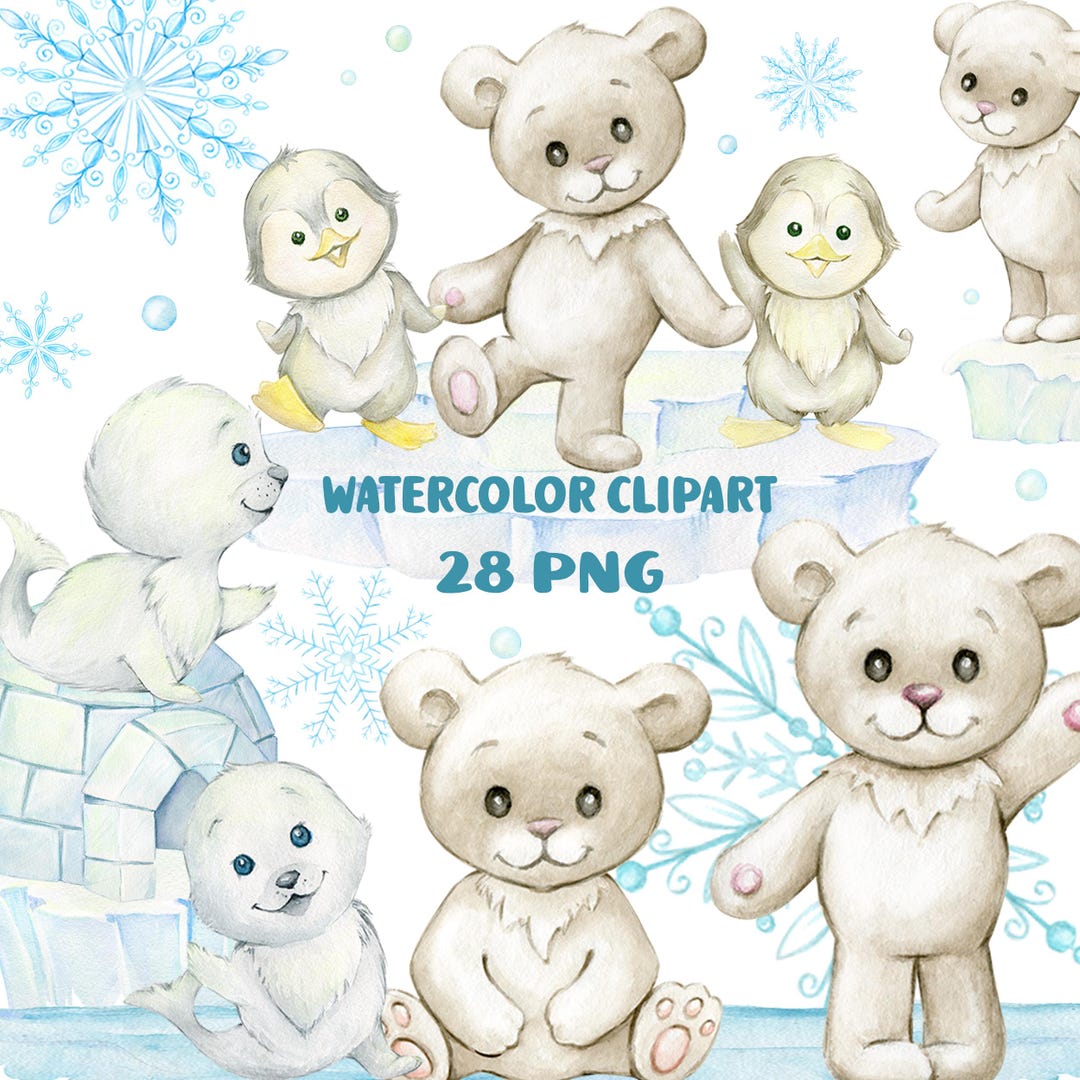 Arctic Animals Watercolor Clipart, Cute Polar Bear, Penguin, Seal ...