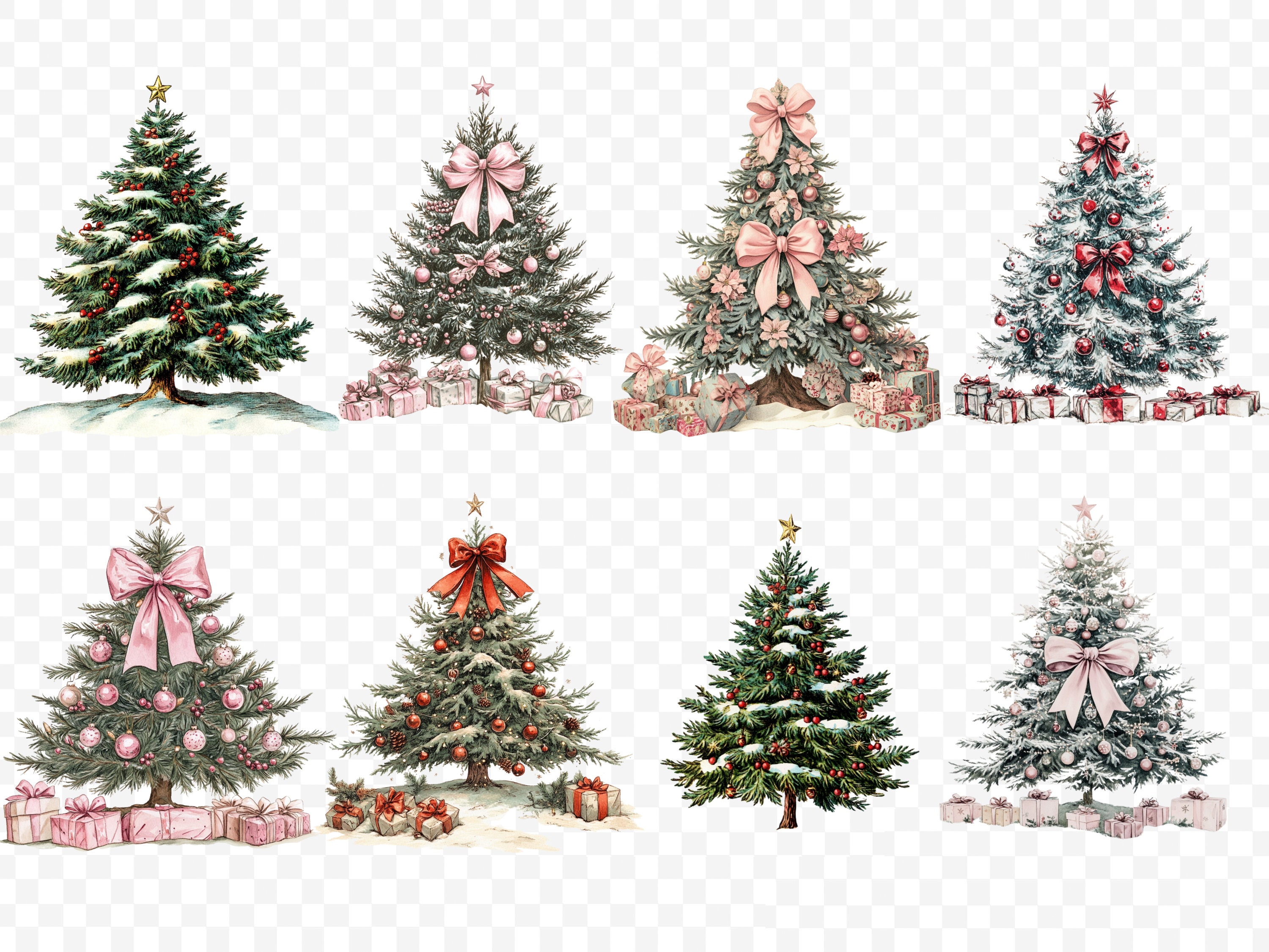 Vintage Christmas Tree Clipart Bundle | 32 PNG Holiday Images | Retro ...