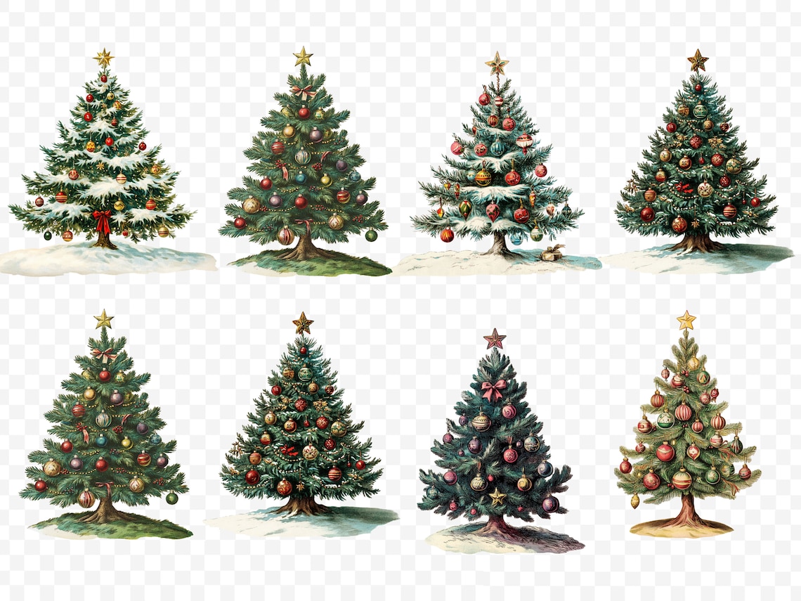 Vintage Christmas Tree Clipart Bundle | 32 PNG Holiday Images | Retro ...