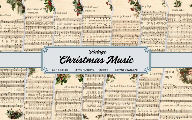 Vintage Christmas Sheet Music Digital Paper 8.5x11, Printable Antique ...