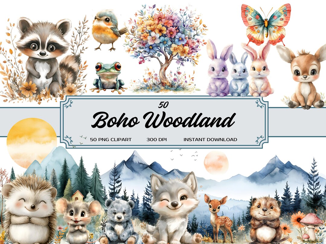 Boho Woodland Animal Clipart Pack - Cute Forest Animals, Flowers ...