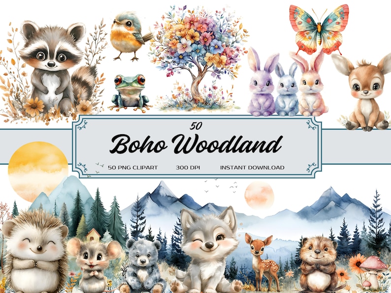 Boho Woodland Animal Clipart Pack - Cute Forest Animals, Flowers ...