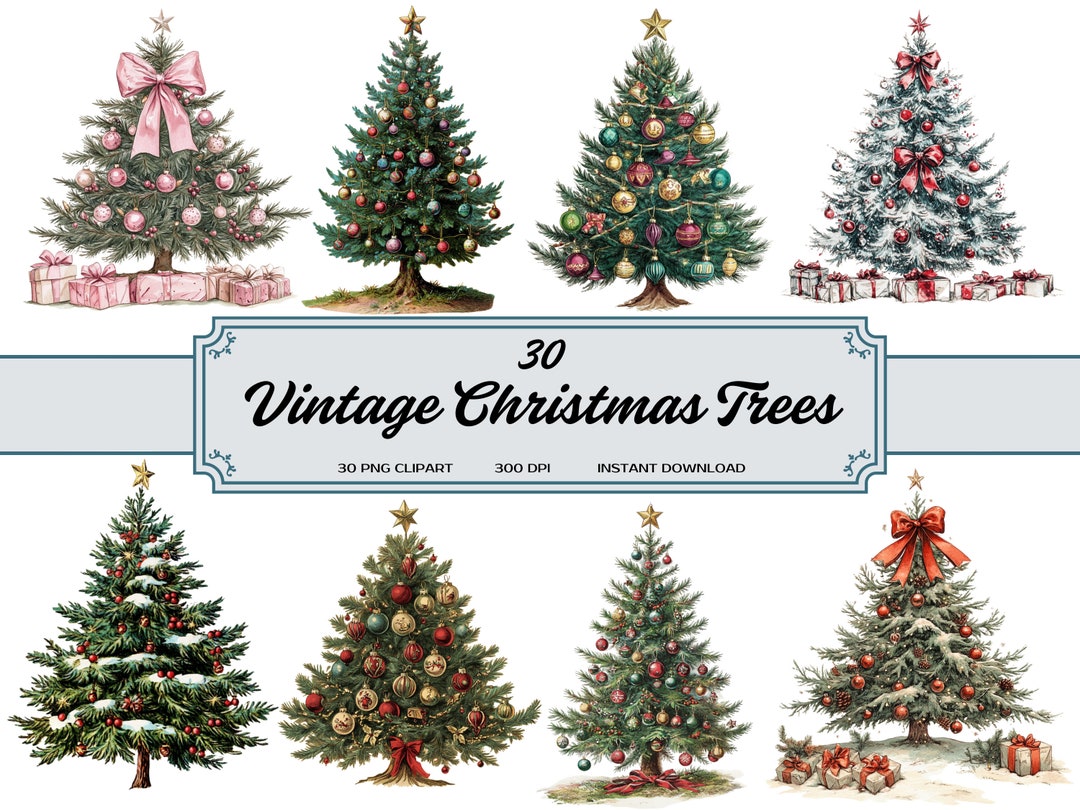 Vintage Christmas Tree Clipart Pack - 30 PNG Christmas Trees With ...