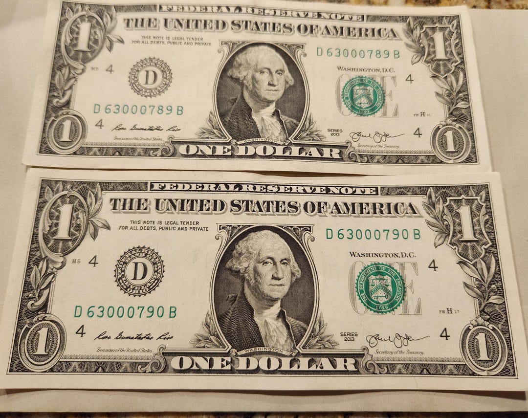 2013 Series 2-one Dollar Bills With Consecutive Serial Numbers 63000789 ...