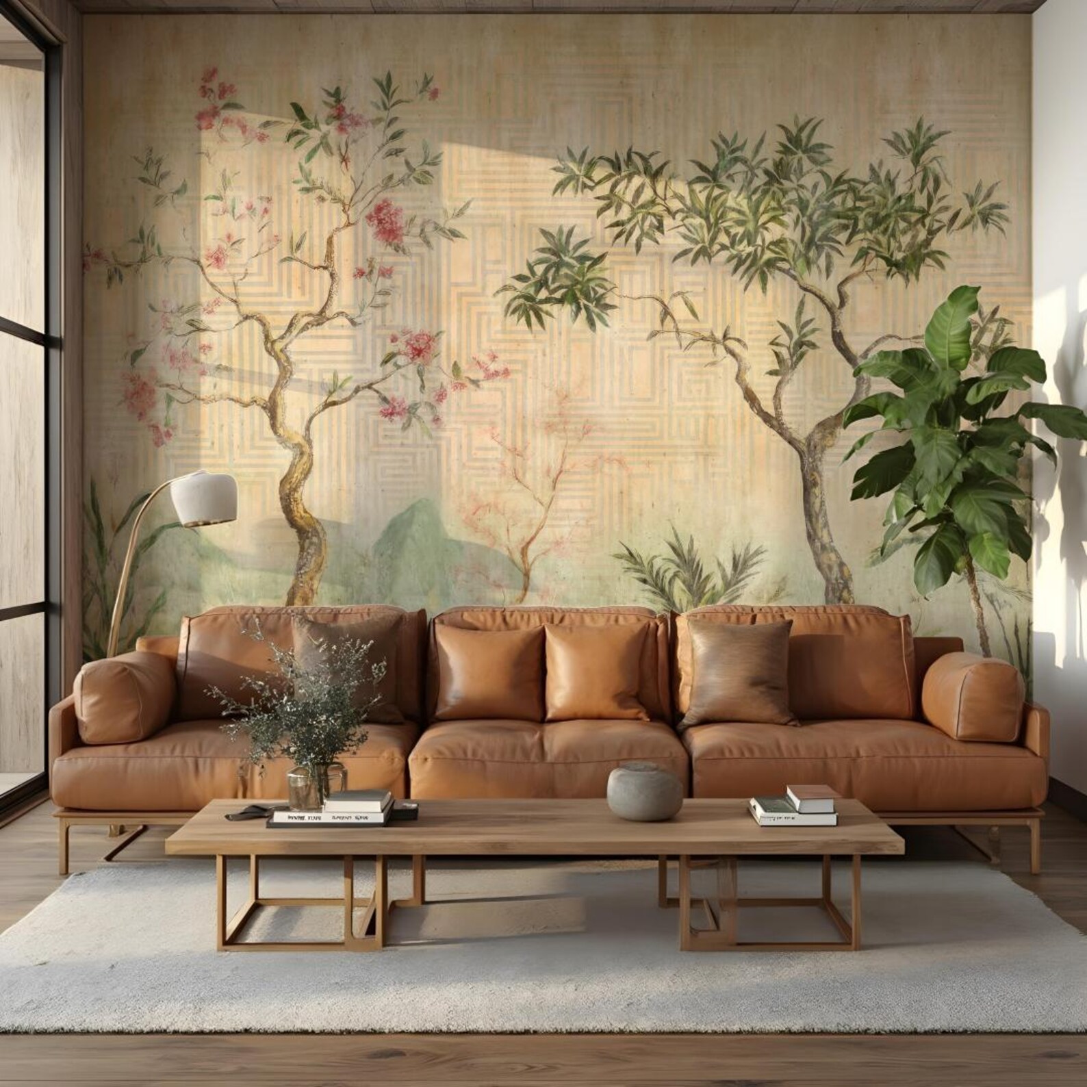 Beige Chinoiserie Wallpaper Hand Painted, Geometric, Removable Peel ...