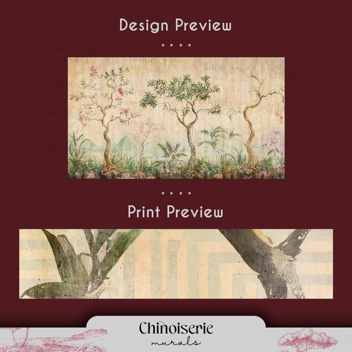 Beige Chinoiserie Wallpaper Hand Painted, Geometric, Removable Peel ...