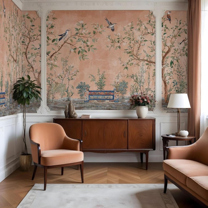 Pink Chinoiserie Wallpaper, Chinese Trees, Thumbs and Floral Mural ...
