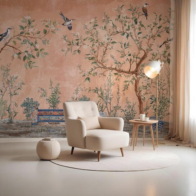 Pink Chinoiserie Wallpaper, Chinese Trees, Thumbs and Floral Mural ...