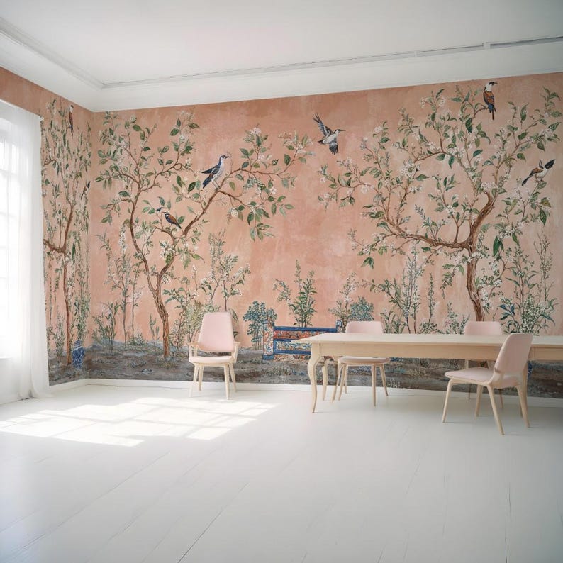Pink Chinoiserie Wallpaper, Chinese Trees, Thumbs and Floral Mural ...