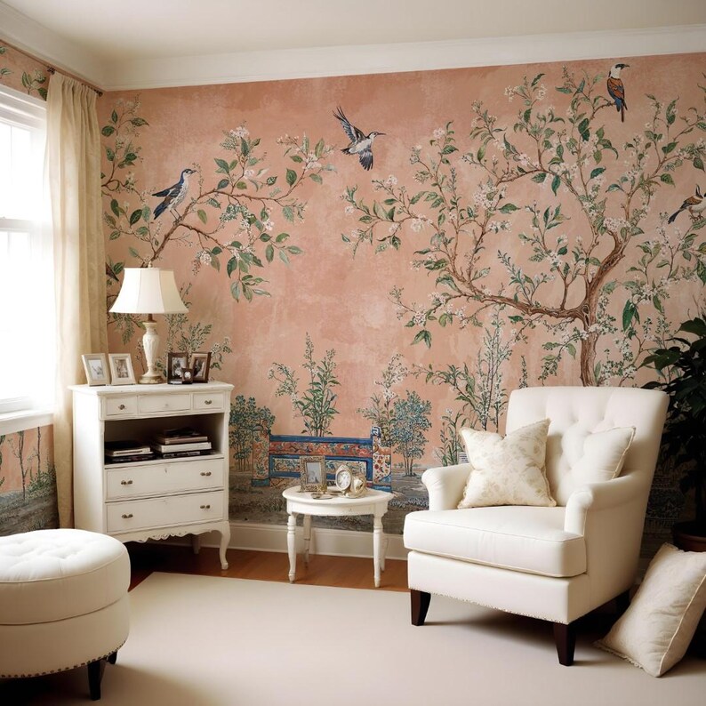 Pink Chinoiserie Wallpaper, Chinese Trees, Thumbs and Floral Mural ...