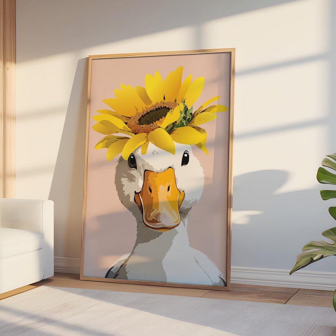 Cute Sunflower Duck Wall Art, Trendy Aesthetic Decor, Minimalist Duck ...