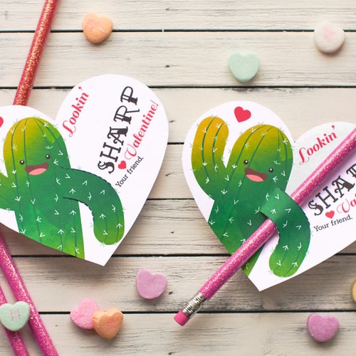 Cactus Valentines Succulent Heart Pencil Holder Cute Classroom - Etsy