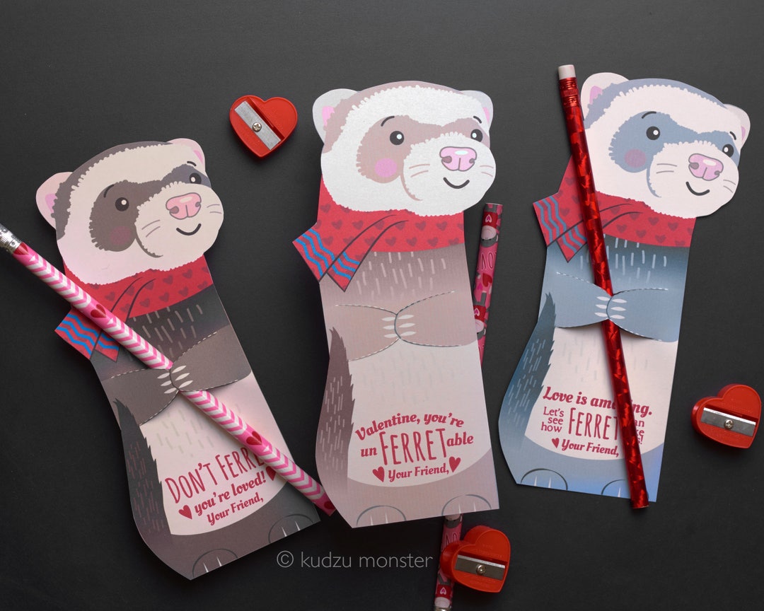 Ferret Valentine Printable Cute Pet Hugger for Pencil, Straw, Pixie ...
