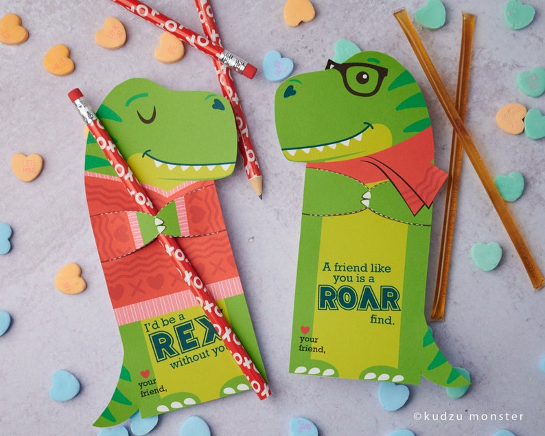 T Rex Dinosaur Valentine Printable Pencil Valentine Pixie - Etsy