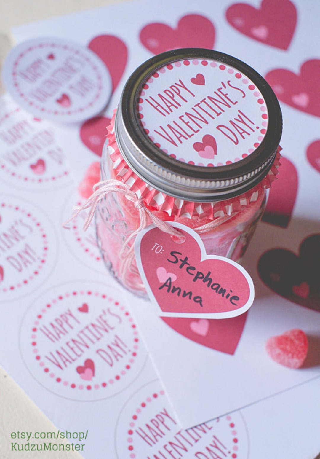 INSTANT DOWNLOAD Printable Cute Valentine Mason Jar Lid Label and Heart ...