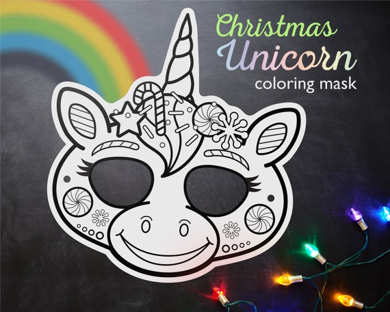 Printable Christmas unicorn coloring mask kids cute color activity mask ...