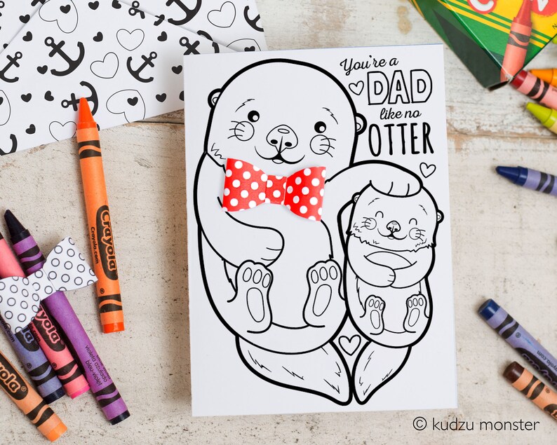 INSTANT DOWNLOAD Father's Day Card Cute Otter Coloring Page Card With ...
