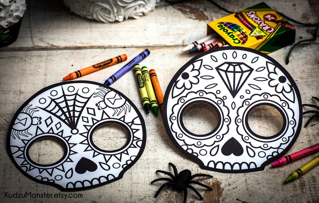 Halloween Printable Coloring Mask for Kids Cute Skull Day of the Dead ...