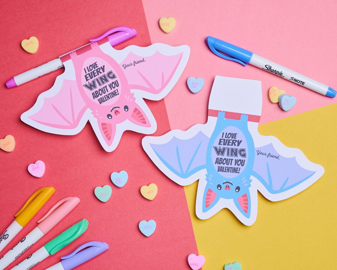 Bat Valentines Pencil/pen Holder Cards | Printable Cute Pink and Blue ...
