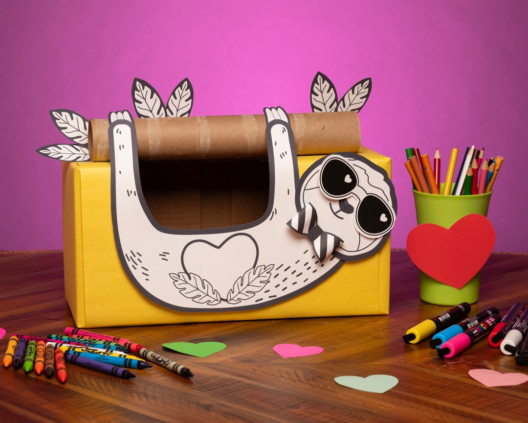 Sloth Coloring Valentine Box Printable Decor Kit, Valentine's Mailbox ...
