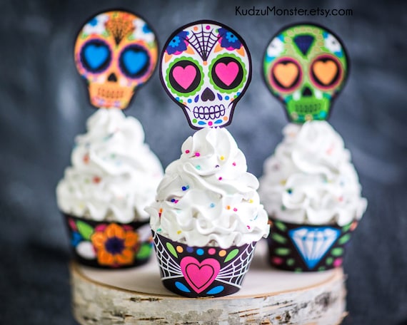 Halloween Printable cupcake wrappers and cupcake toppers Sugar Skull ...