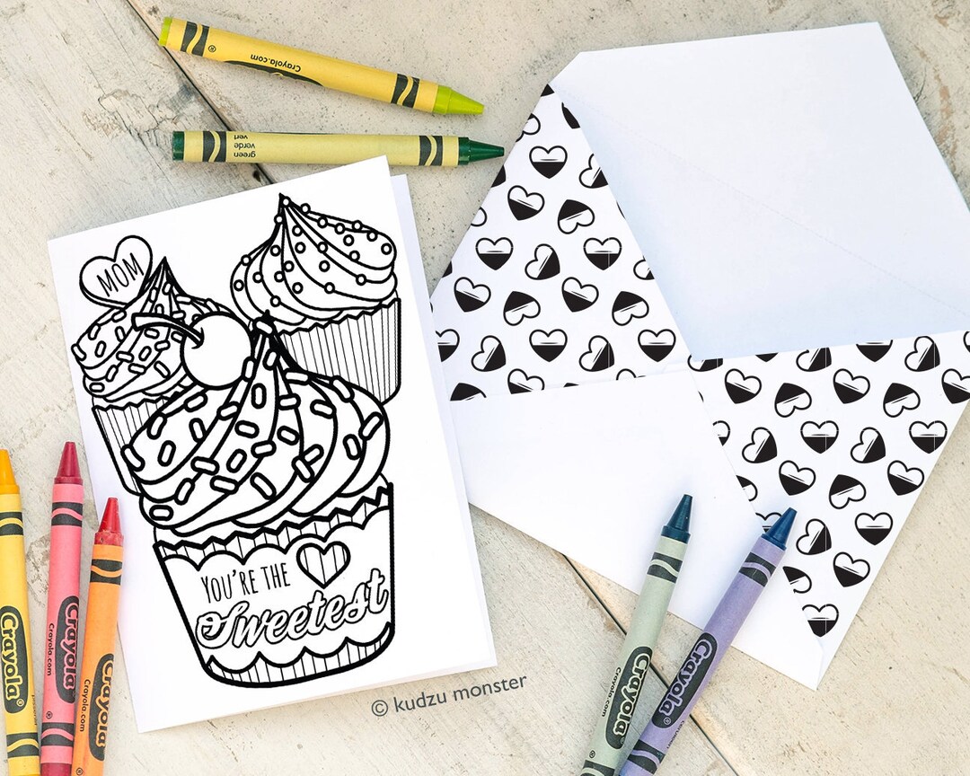Cupcake Mother's Day INSTANT DOWNLOAD Printable Coloring Card Cute DIY ...