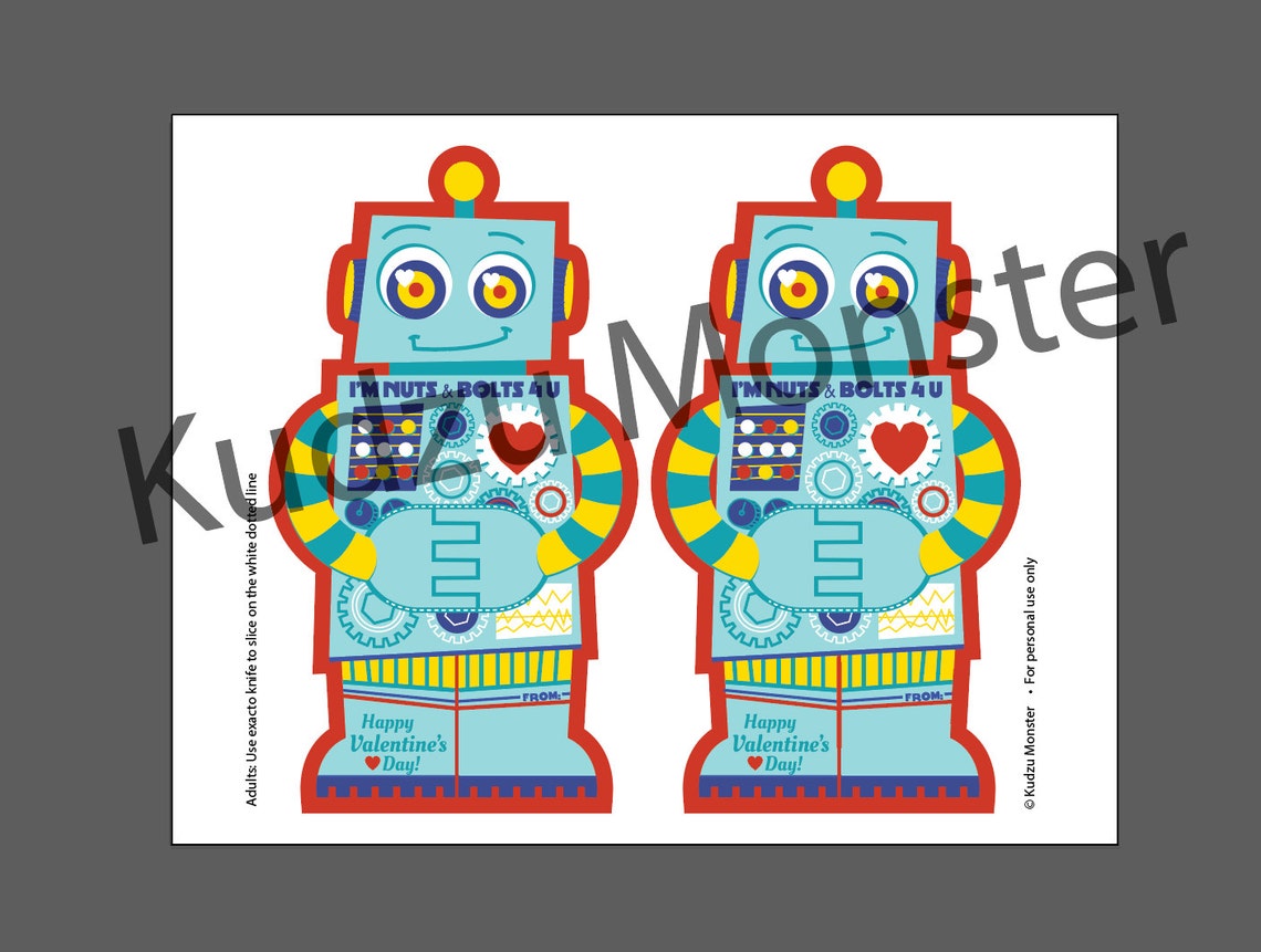 Cute Robot Valentine's Day Printable Card With Treat | Etsy