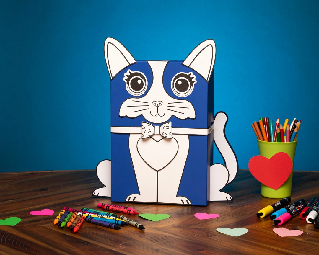 Cat Coloring Valentine Box Printable Decor Kit, Kitten Valentine's ...