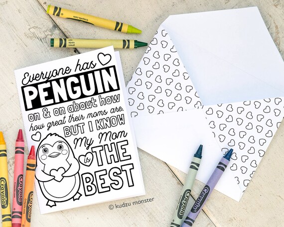 INSTANT DOWNLOAD Mother's Day Card Coloring page penguin cute arctic ...