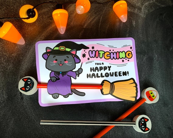 Cute Black Cat - Witch Broom Pencil Holder - Kawaii Halloween Printable ...
