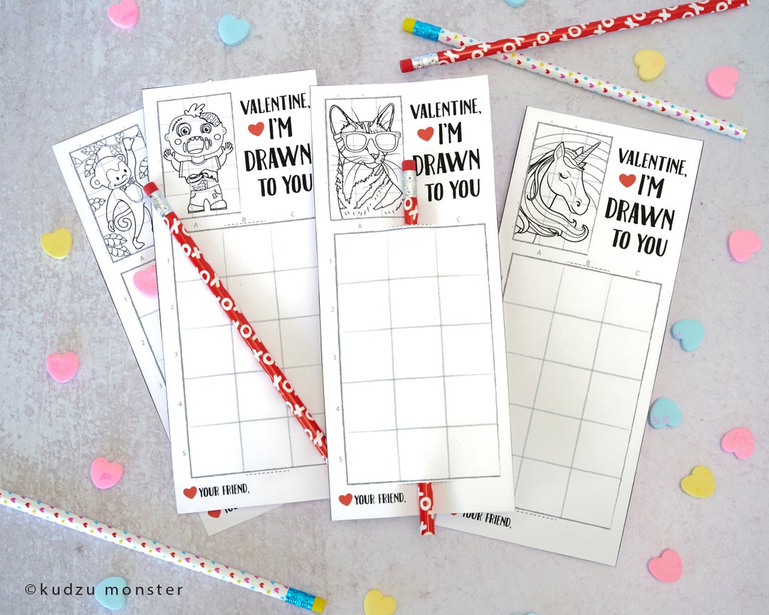 Art Valentine How to Draw Grid Activity Pencil Holder Printable Drawing ...