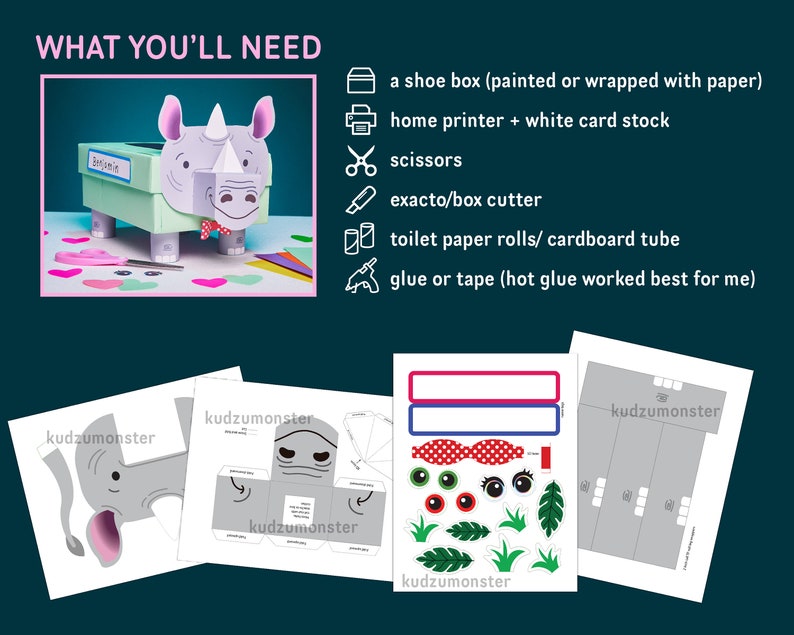 Rhino Valentine Box Kit Printable Rhinoceros Mailbox for Kid Valentine ...