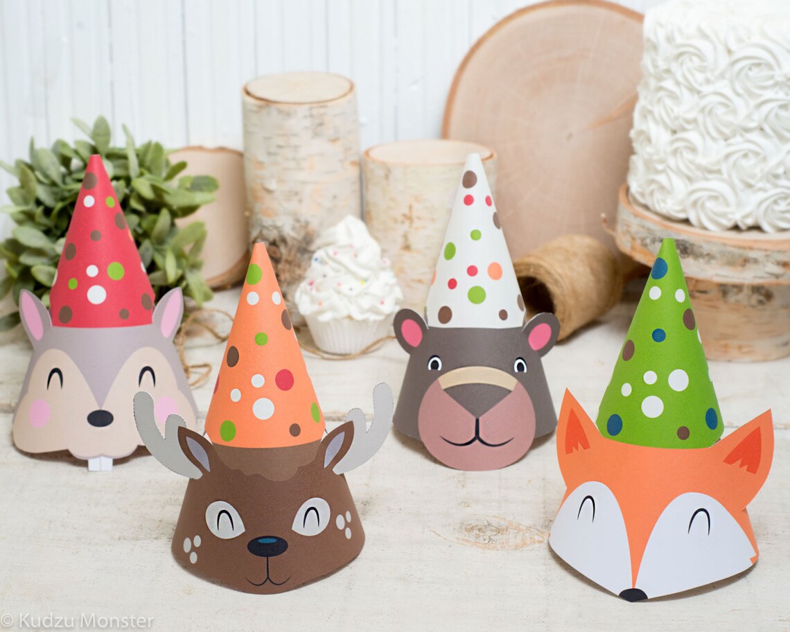 Woodland Animals Party Hat Kit Fox Party Hat, Deer Party Hat, Squirrel ...