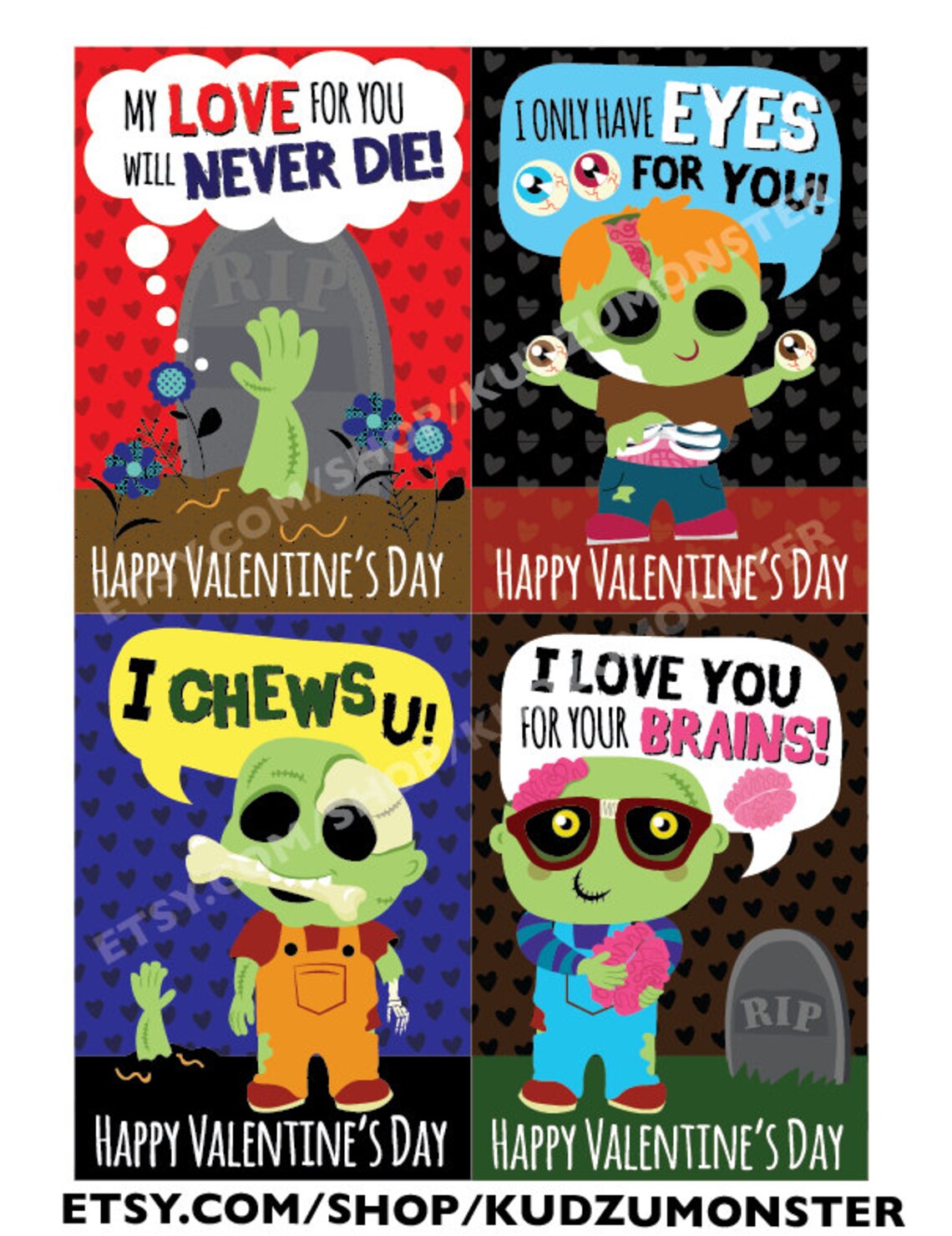 INSTANT DOWNLOAD Printable Classroom Zombie Valentines Cards - Etsy