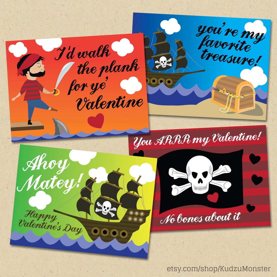 INSTANT DOWNLOAD Printable Classroom Valentines Pirate Ship Sword ...