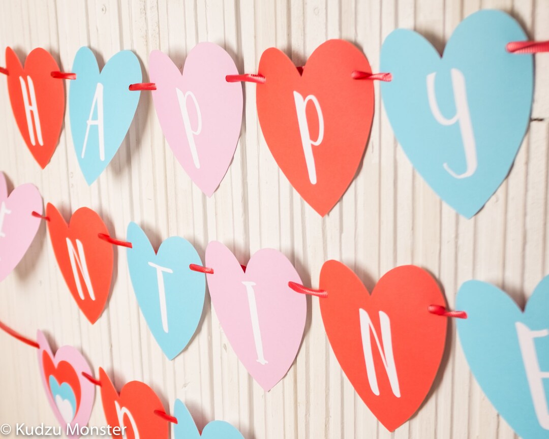 Valentines Party Printable Happy Valentine's Day Heart Shaped Banner in ...