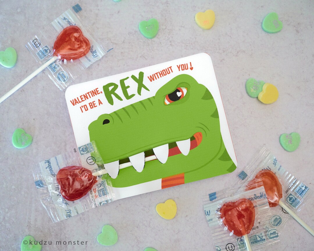T Rex Valentines Printable DIY Instant Download Small Lollipop Candy ...