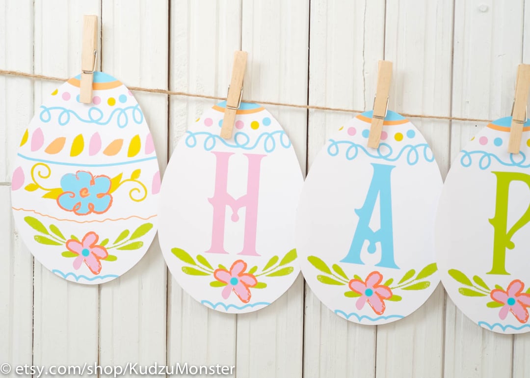 Printable Easter Egg Banner Reads HAPPY EASTER Cute Colorful Egg Shaped ...
