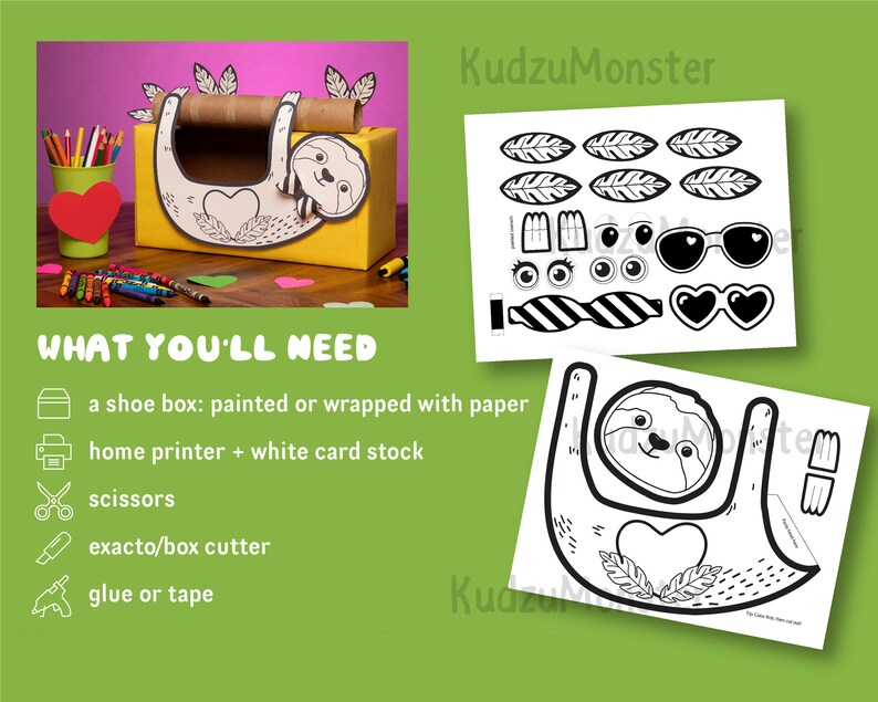 Sloth Coloring Valentine Box Printable Decor Kit, Valentine's Mailbox ...