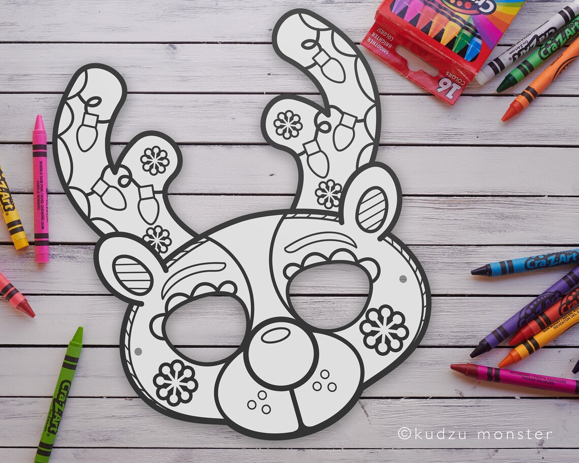 Christmas Reindeer Printable Coloring Page Mask, Fun Classroom Holiday ...